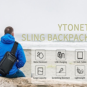 Ytonet Sling Bag for Men, Small Sling Backpack Anti Theft Crossbody Mini Shoulder Casual Daypack with USB Charging Port for Travel Hiking Camping, Black