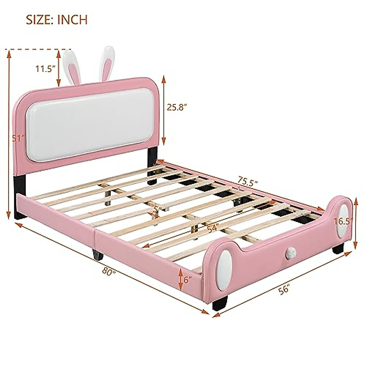 CJLMN Upholstered Rabbit Shaped Princess Bed Pink Platform Bed, Full Size Wood Bed Frame with Bunny Ears Headboard and Bunny Tail Footboard, Kids Bedroom Furniture Fun Cute Rabbit Bed
