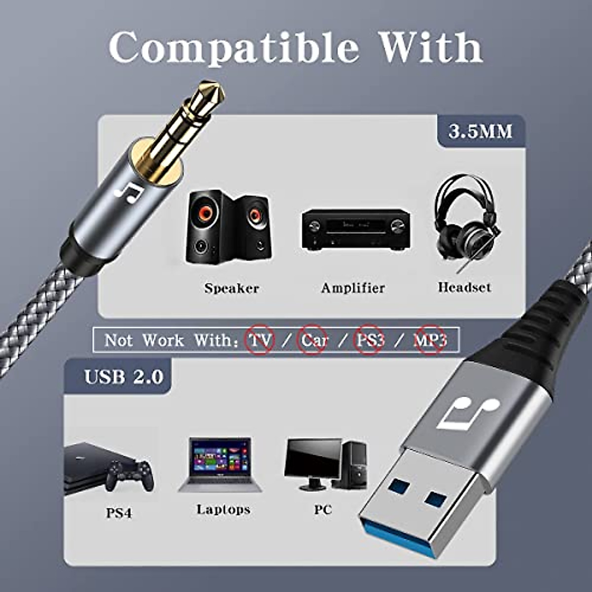 6 FT USB to 3.5mm Audio Jack Adapter，USB 2.0 to 3.5mm AUX Stereo Audio Cord，Compatibility with Laptop, Speaker, Support Windows，Not Applicable to Charging and MP3, Truck, TV USB Ports (6FT, Grey)