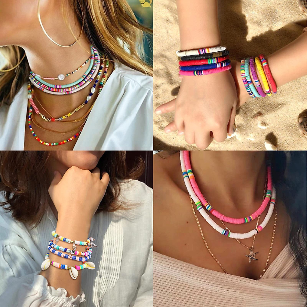 Maxzola inc. Clay Beads for Jewelry Bracelet Necklace Making Kit, 12870 Pcs Flat Round Polymer Clay Beads with Elastic Strings Pendant Charms Kit