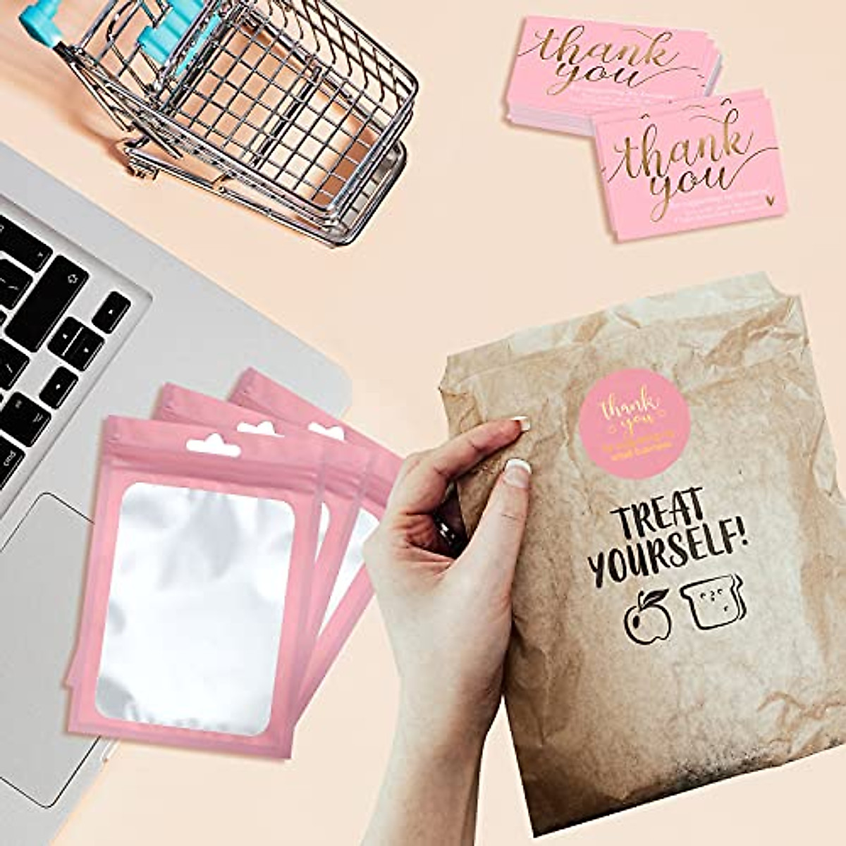 FAMALL 540 Pieces Thank You Stickers and Cards Set, 1.5 inch Thank You for Supporting My Small Business Adhesive Labels, Resealable Packaging Bag, Suitable for Envelopes, Gift Bags Packaging (Pink)