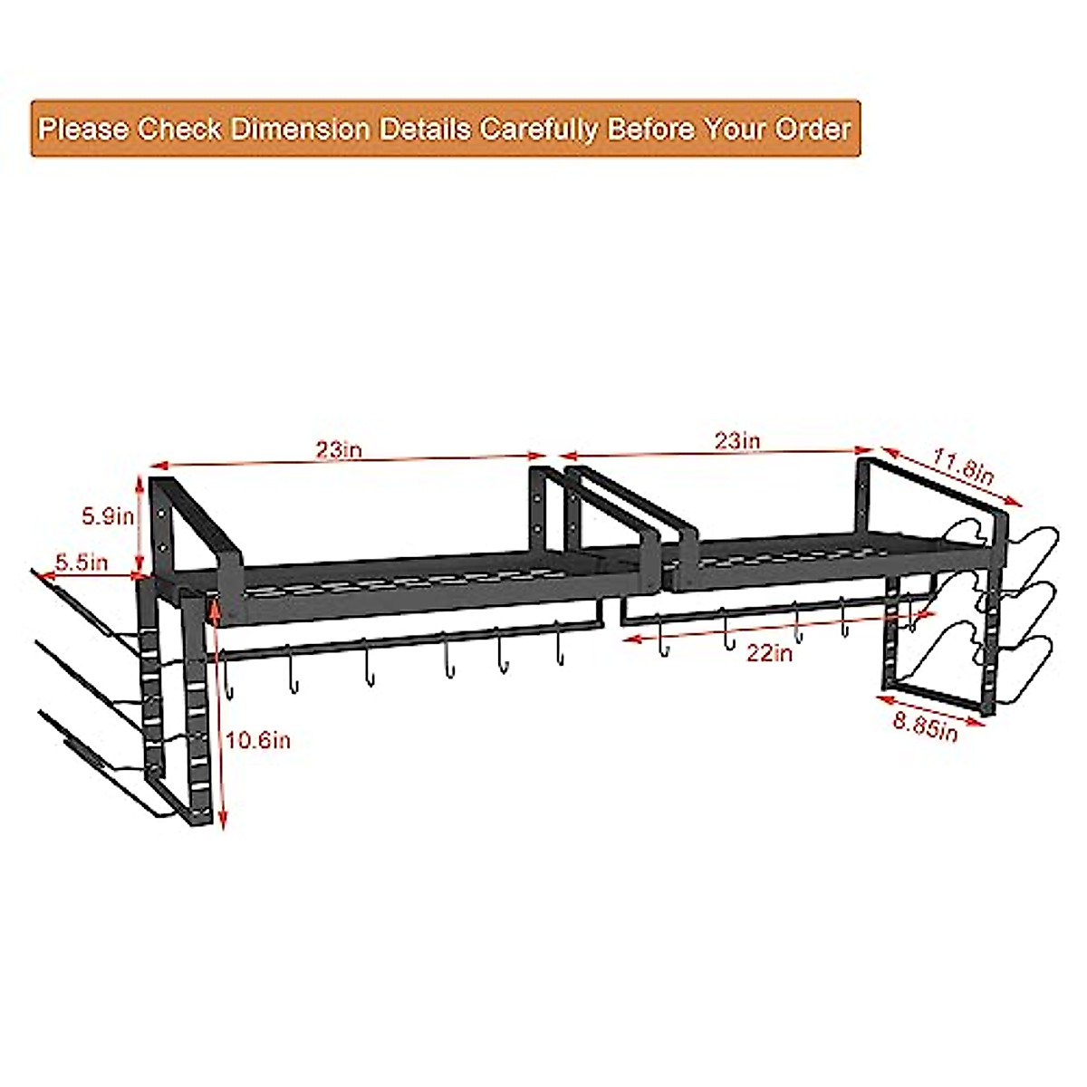 KINDEN 2 Pack 23 Inch Pot Rack Wall Mounted,Hanging Pot Organizer and Pans Lids Storage, Kitchen Cookware Hanging Shelves with 12 Hooks (Black)