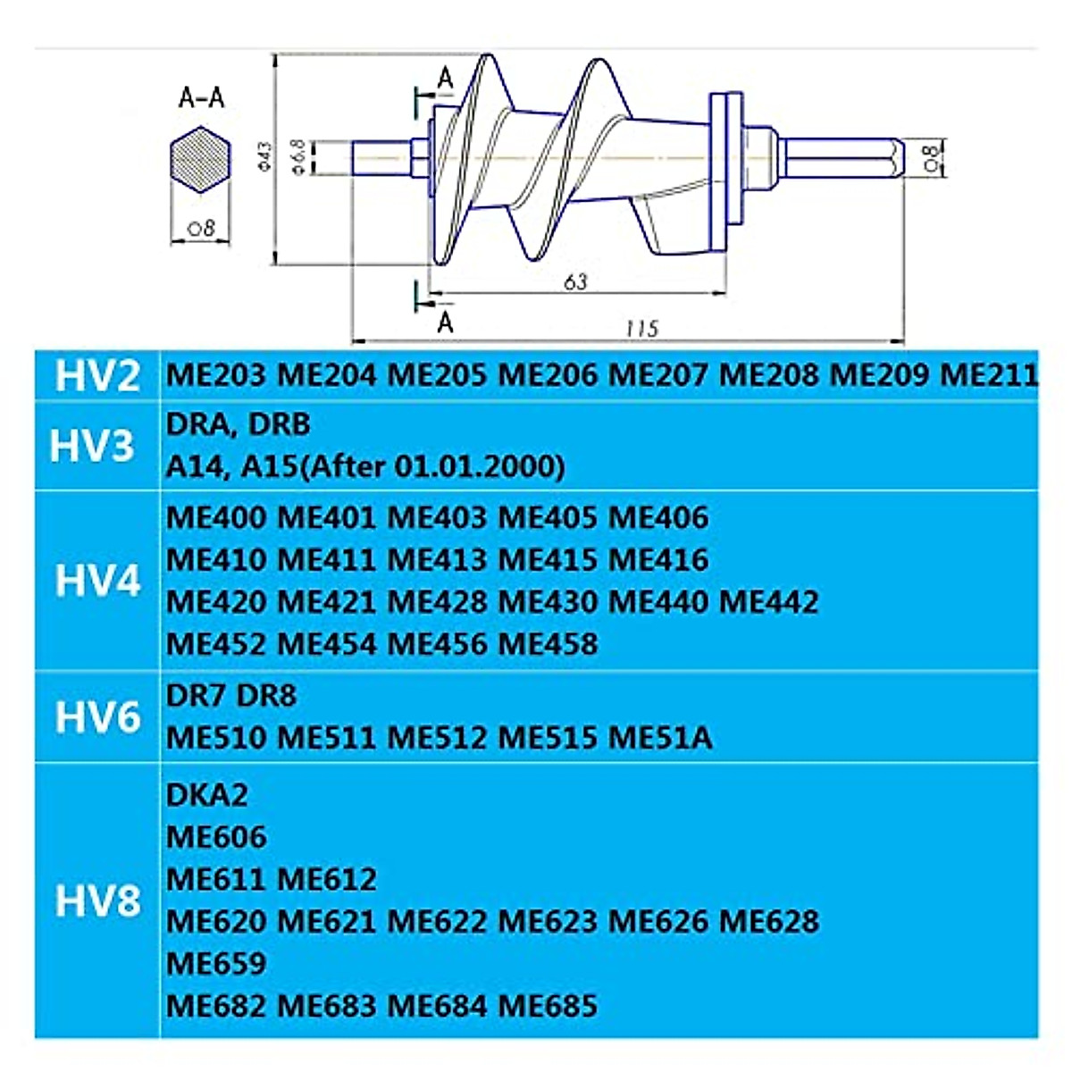 YUAILI store 115mm Meat Grinder Screw Auger Spare Parts Feedscrew SS-989843 Fit For Moulinex HV2 ME20 HV3 HV4 DR7 ME4 ME51 HV8 Kitchen Appliance