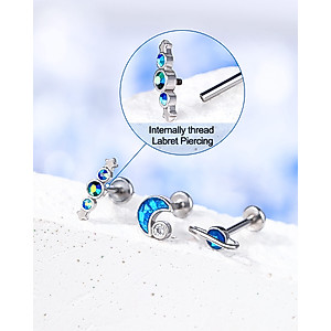 Melighting Labret Jewelry Internally Threaded 16G Blue Glitter Planet Labret Stud Stainless Steel 316L Moon Helix Earrings Star Tragus Conch Piercing Jewelry for Women