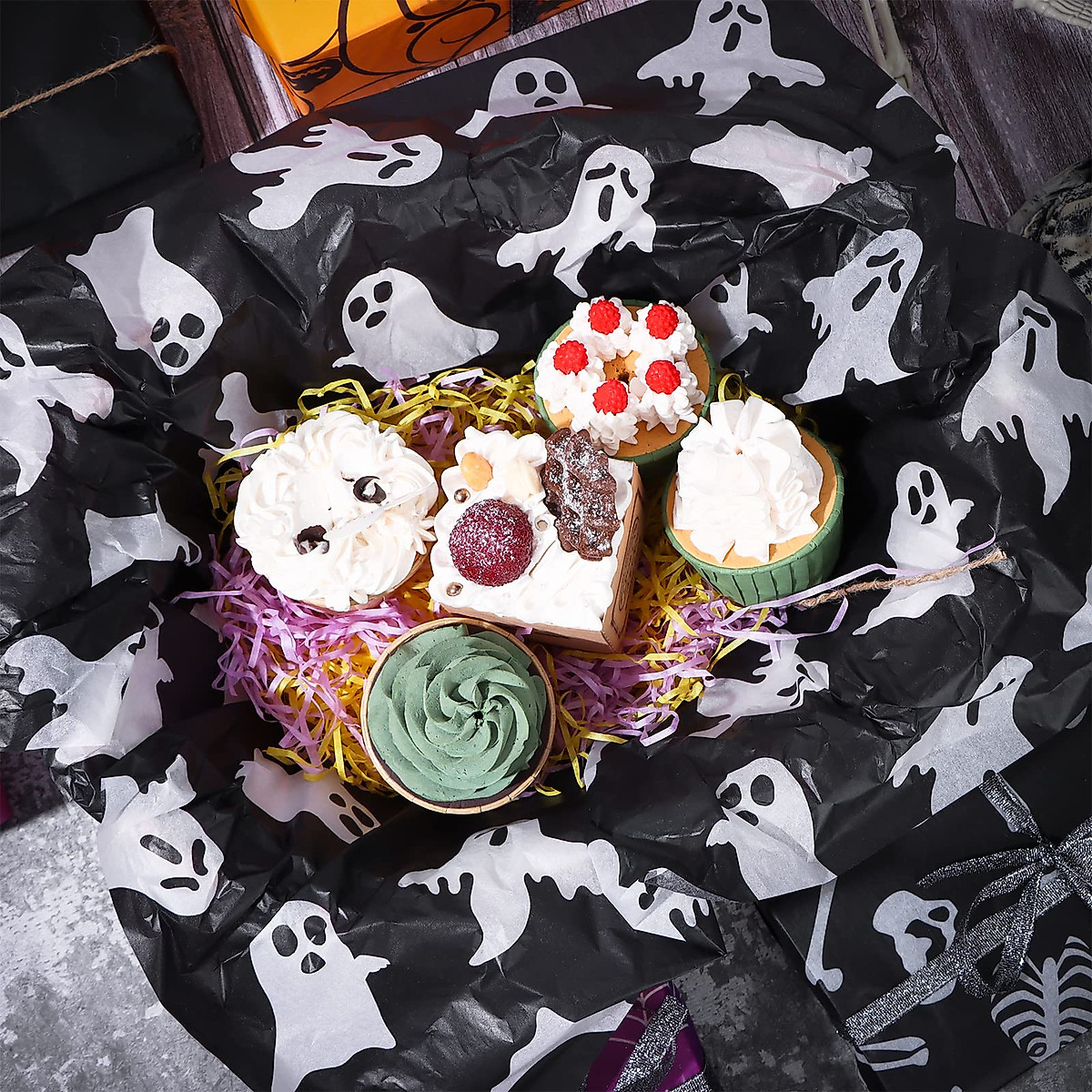 Kavoc 60 Sheets 20 x 20 Inch Large Size Halloween Tissue Paper White Ghost Art Tissue Paper Carnival Horror Pattern Tissue Paper Set Halloween Decorative Paper for Gift Wrapping Mardi Gras Birthday Wedding Party Gift Bag DIY Pompom Confetti Crafts