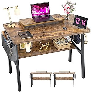 Computer Desk, Desk with Monitor Stand Shelf, 40 Inch Laptop Table with Bookshelves, Study Writing Desk with Storage Bag and Hooks, Small Desk for Small Space, Home, Office, Rustic Brown
