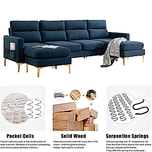 URRED Sectional Sofa Couch, 4 Seat U-Shaped Sofa Set for Living Room,Velvet Fabric Convertible Modular Sofa Sleeper with Double Chaise/Oversized Seats/Comfortable Backrest, Blue