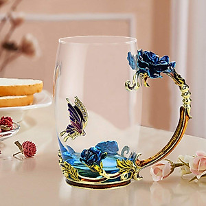 Tea Cup, Coffee Mug Cups, Clear Glass Coffee Cups Tea Mugs with Spoon Set Handmade Enamel Butterfly Rose Flower,13 oz (Blue) Ideal for Friend Birthday Presents