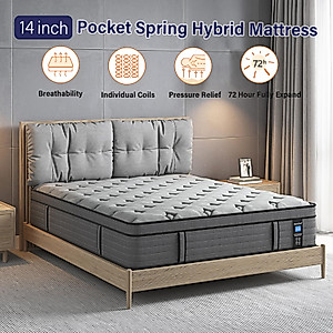 Slecofom 14 Inch Queen Mattress, Firm Hybrid Queen Size Mattress in a Box, Pressure Relief Cool Gel Memory Foam, Breathable Knitted Cover, Pocket Spring with Motion Isolation, Fiberglass-Free
