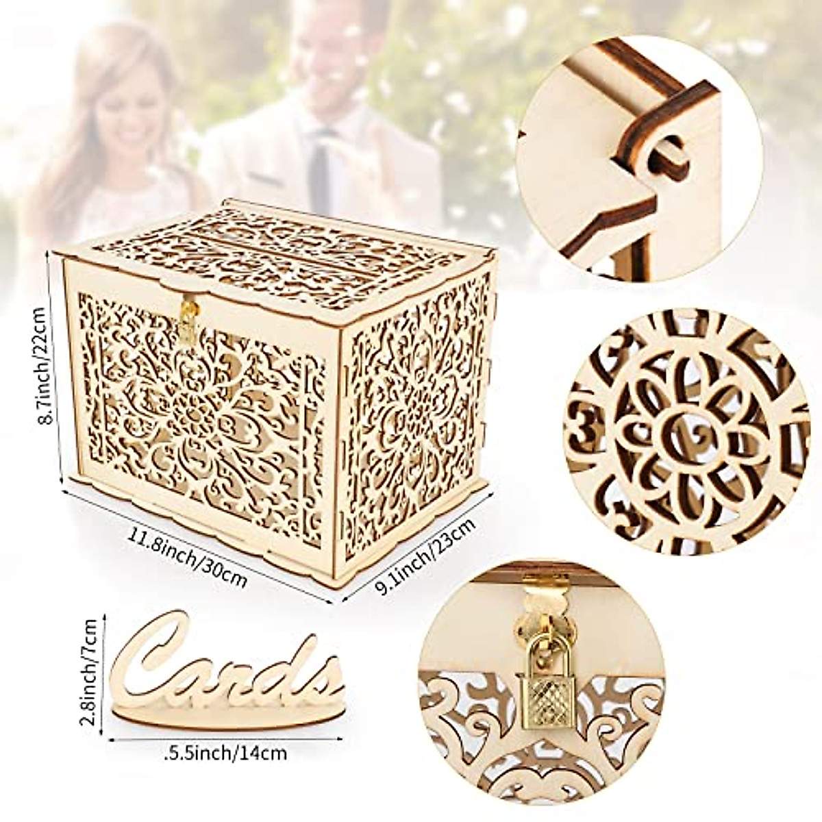 Hooqict DIY Wedding Card Box with Lock Large Rustic Wood Wedding Gift Money Box Holder for Graduation Parties Wedding Reception Bridal Baby Shower Birthday