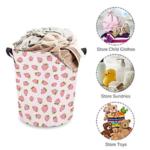 Laundry Basket Strawberries Pink Stripes Laundry Hamper Bag Clothes Bag Collapsible With Handles Travel Bathroom College Essentials Storage