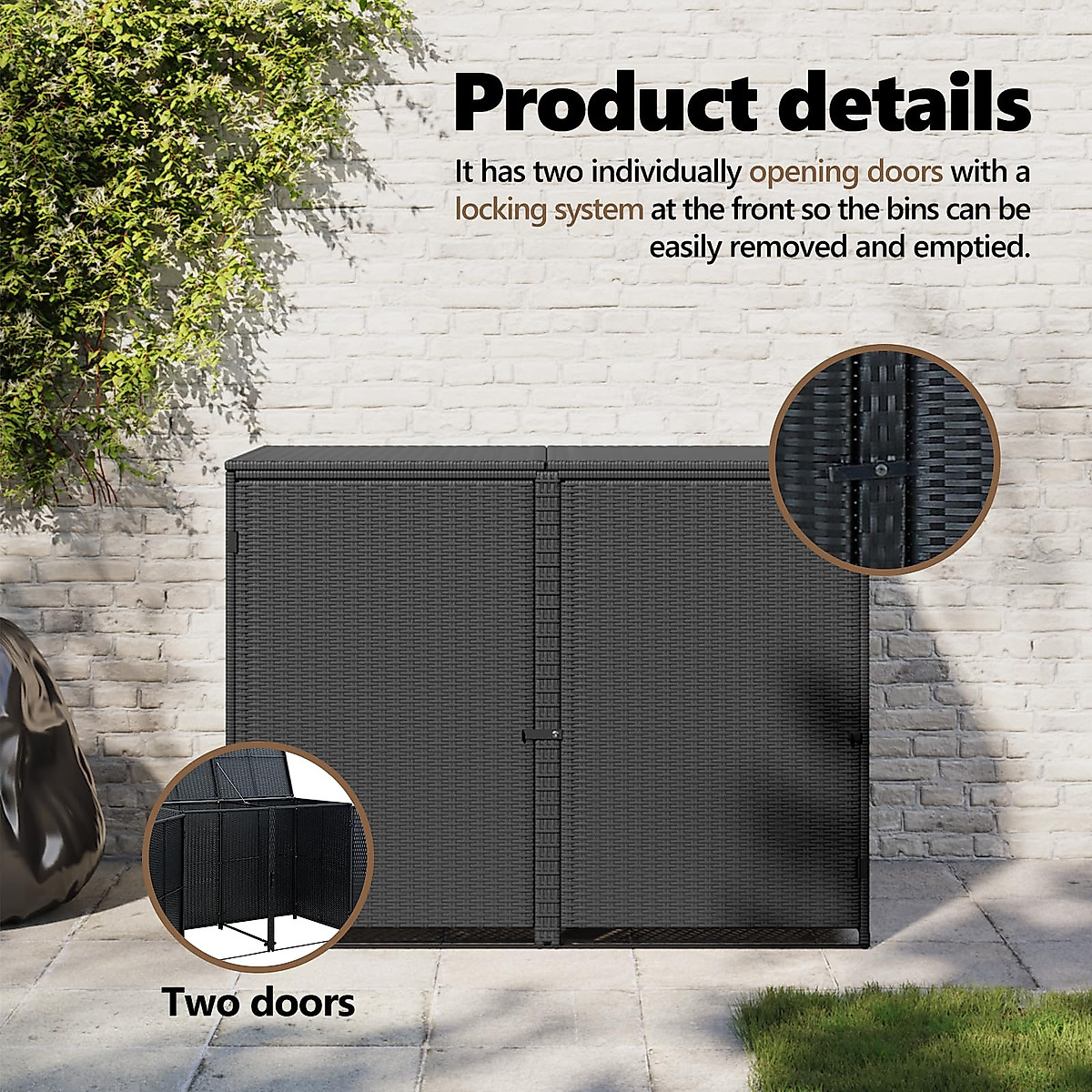 vidaXL Double Wheelie Bin Shed with Lid and Lockable Doors, Outdoor Garbage Bin Storage Shed, Weather-Resistant Sturdy Construction, Poly Rattan 31.5"x58.3"x43.7" Black