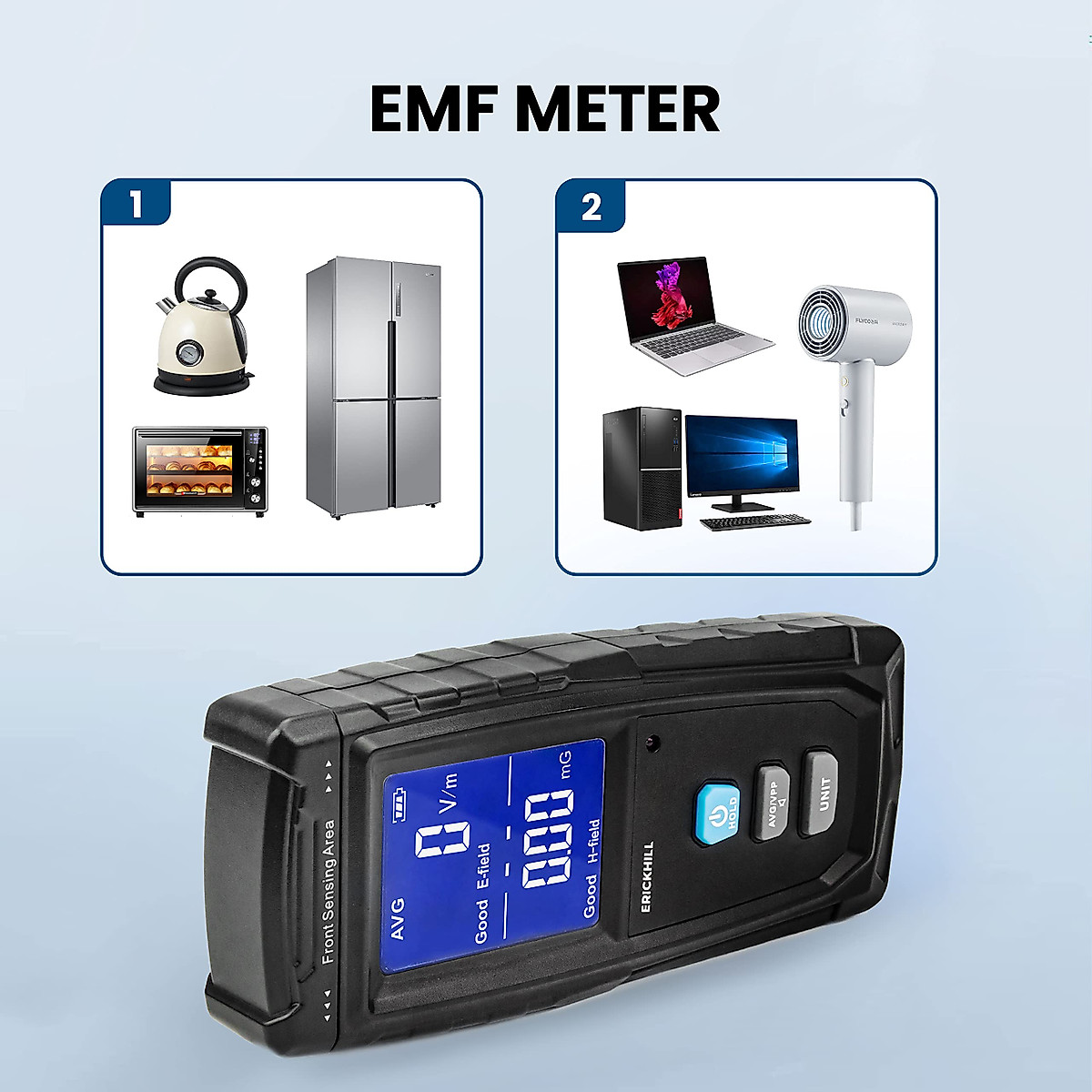 ERICKHILL EMF Meter Rechargeable Digital Electromagnetic Field Radiation Detector with LCD Hand-held Tester, Ghost Hunting EMF Detector for EMF Inspections, Office, Home, and Outdoor