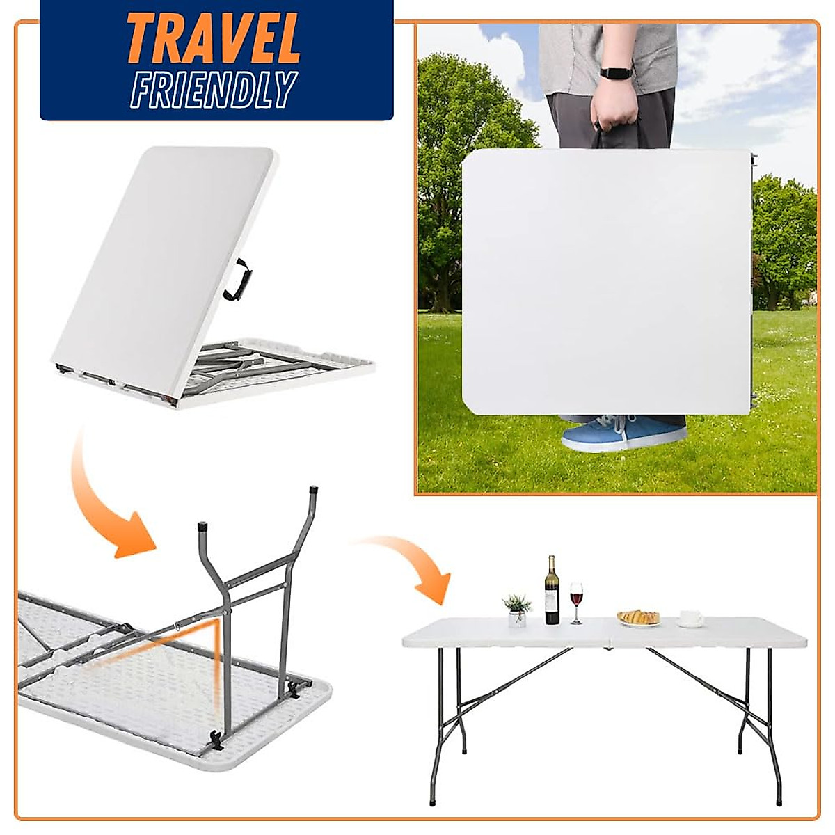 CozyBox Folding Table Indoor Outdoor Heavy Duty Portable Folding Plastic Dining Table w/Handle, Lock for Picnic, Party, Camping - White (4ft, 6ft, 8ft) (4ft)