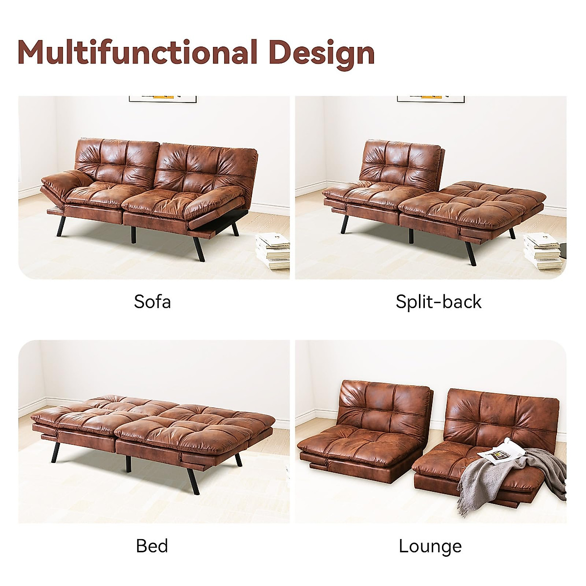 Hcore Convertible Sleeper, Memory Foam Futon Couch,Loveseat Bed,Small Splitback Modern Sofa Sofabed, Brown