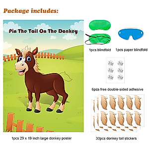 Hxezoc Pin The Tail On The Donkey Party Game with 30 Pcs Tails Large Donkey Games Poster for Kids Birthday Party Carnival Party Supplies