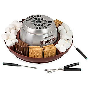 Nostalgia LSM400 Indoor Electric Stainless Steel S'mores Maker with 4 Lazy Susan Compartment Trays for Graham Crackers, Chocolate, Marshmallows and 4 Roasting Forks