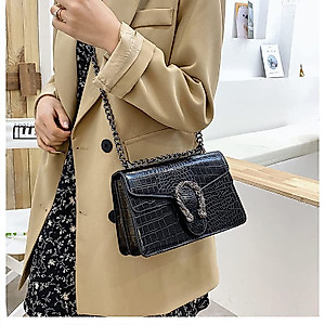 GLOD JORLEE Women's Fashion Chain Purse Crossbody Shoulder Bags -Classic Stone Crocodile Pattern Leather Square Flap Handbag (Black)