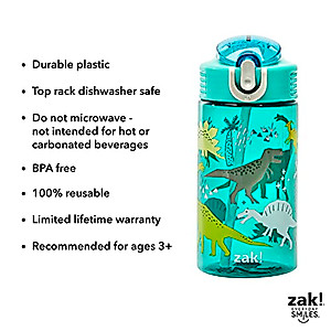 Zak Designs Kids Water Bottle For School or Travel, 16oz Durable Plastic Water Bottle With Straw, Handle, and Leak-Proof, Pop-Up Spout Cover (Dinosaur)