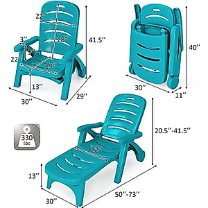 Moccha Plastic Folding Lounge Chair, 5-Position Adjustable Chaise Lounge with 2 Rolling Wheels, Armrest, Outdoor Chaise Chair for Patio, Beach, Backyard, Poolside, Home (1, Turquoise)