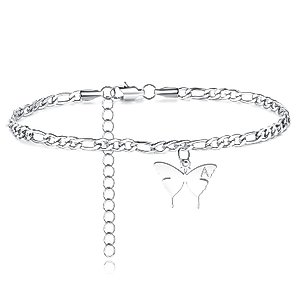 TONY & SANDY Initial Anklet Silver Ankle Bracelets for Women Figaro Chain Butterfly Anklet Waterproof Summer Beach Foot Jewelry Personalized Gifts for Women Presents, A