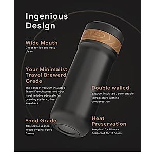 i cafilas Portable French Press Coffee Maker with Unique Filter Vacuum Insulated Travel Coffee Mug 12oz Hot/Cold Brew Coffee Press Stainless Steel Coffee & Tea Maker Great for Camping and Travel