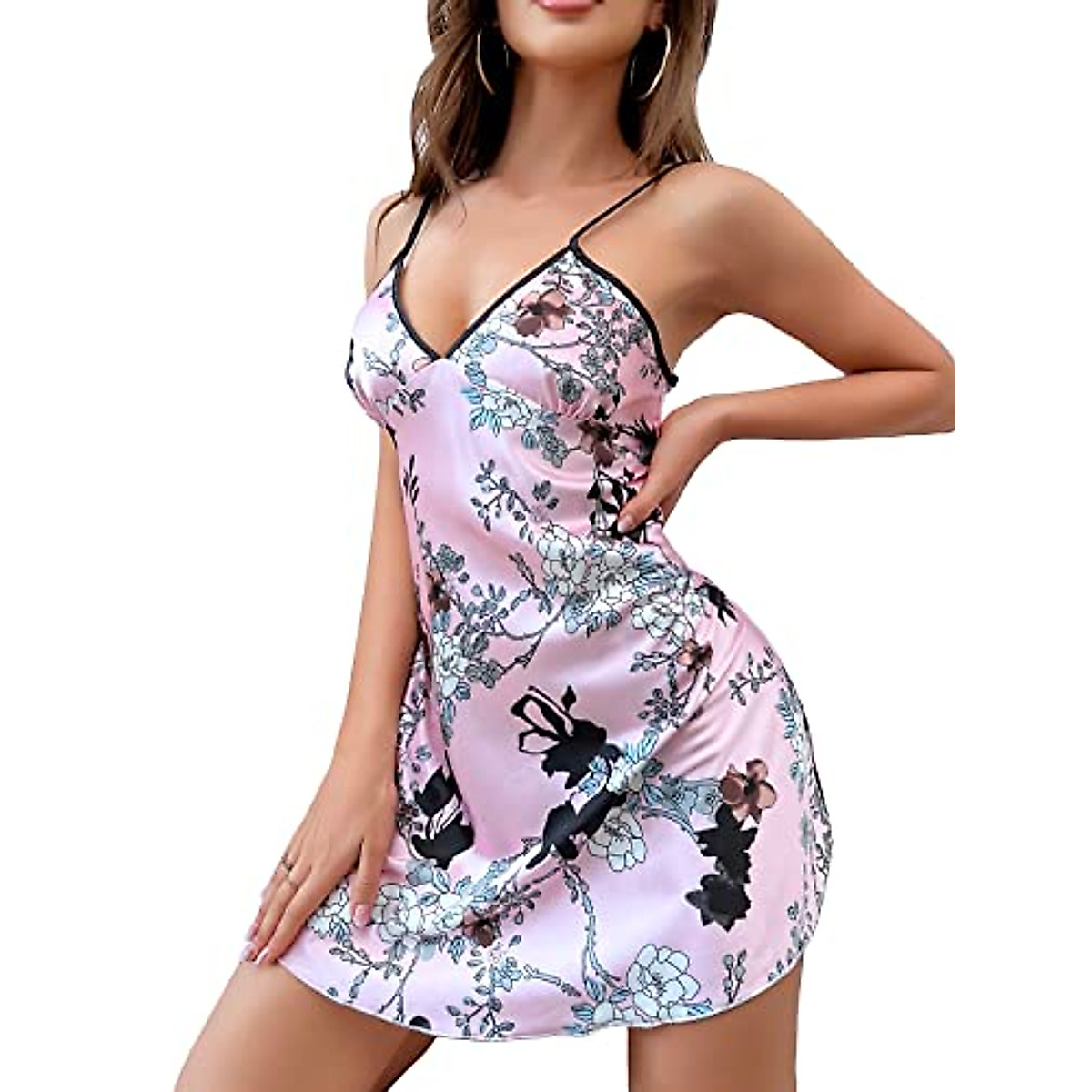 WDIRARA Women's Satin Nightgown Floral Backless V Neck Chemise Sleepwear Short Night Dress Pink L