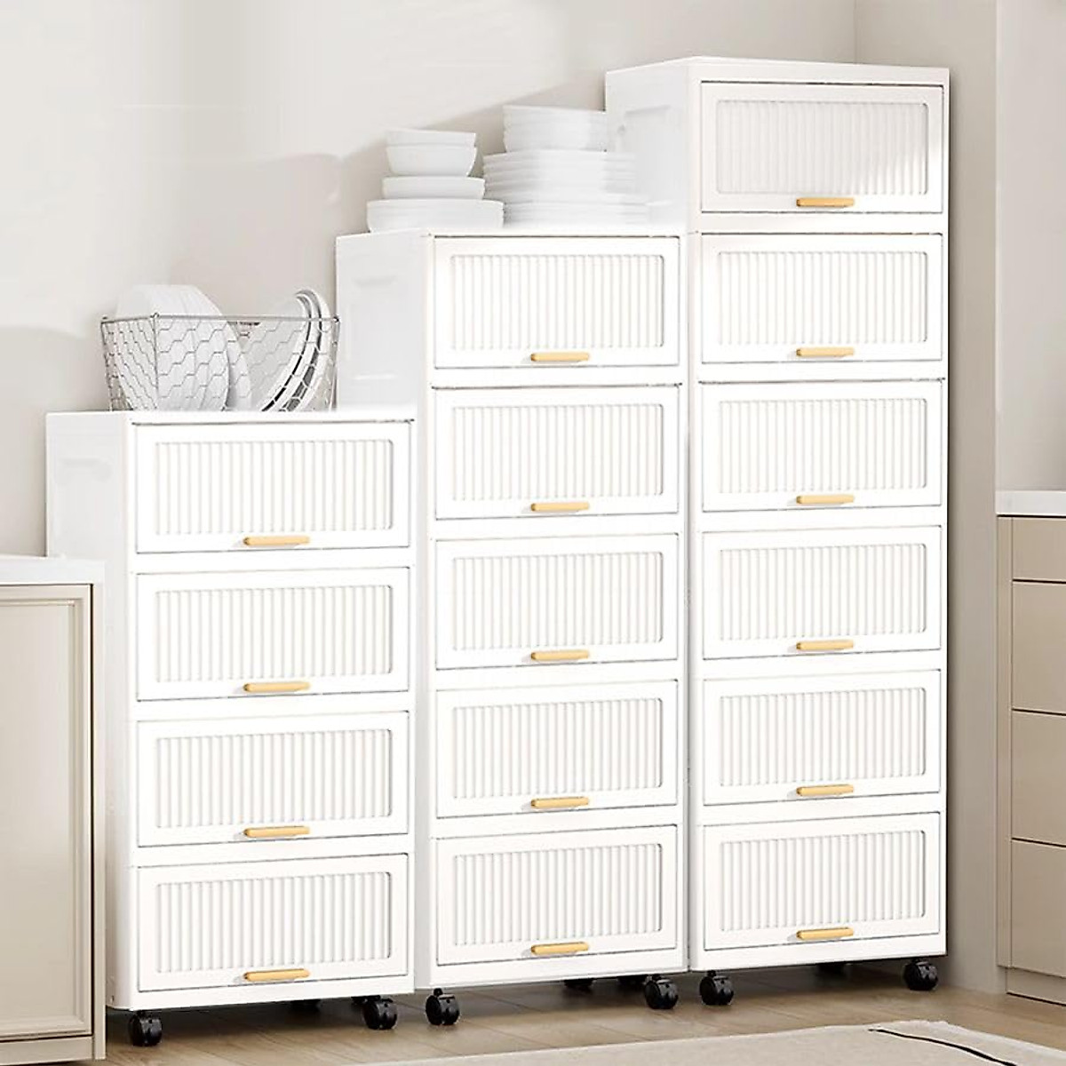 Holaki 4 Tier Tall Dresser, Plastic Vertical Storage Bins Flip Open Storage Box Organizer With Wheels for Bedroom Entryway Dorm,White