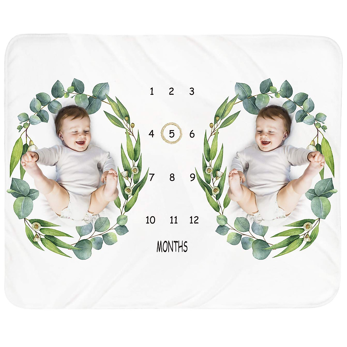 Baby Monthly Milestone Blanket Twins - Newborn Month Blanket Unisex Neutral Personalized Shower Gift Leaf Nursery Decor Photography Background Prop with Wooden Wreath Large 51''x40''