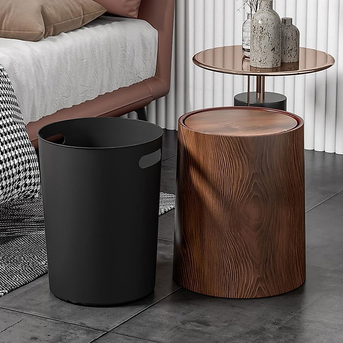 Bathroom Trash Can, Household Trash Can with Swing Lid, Wood Grain Trash Can for Office and Bedroom, with Removable Interior Waste Bucket