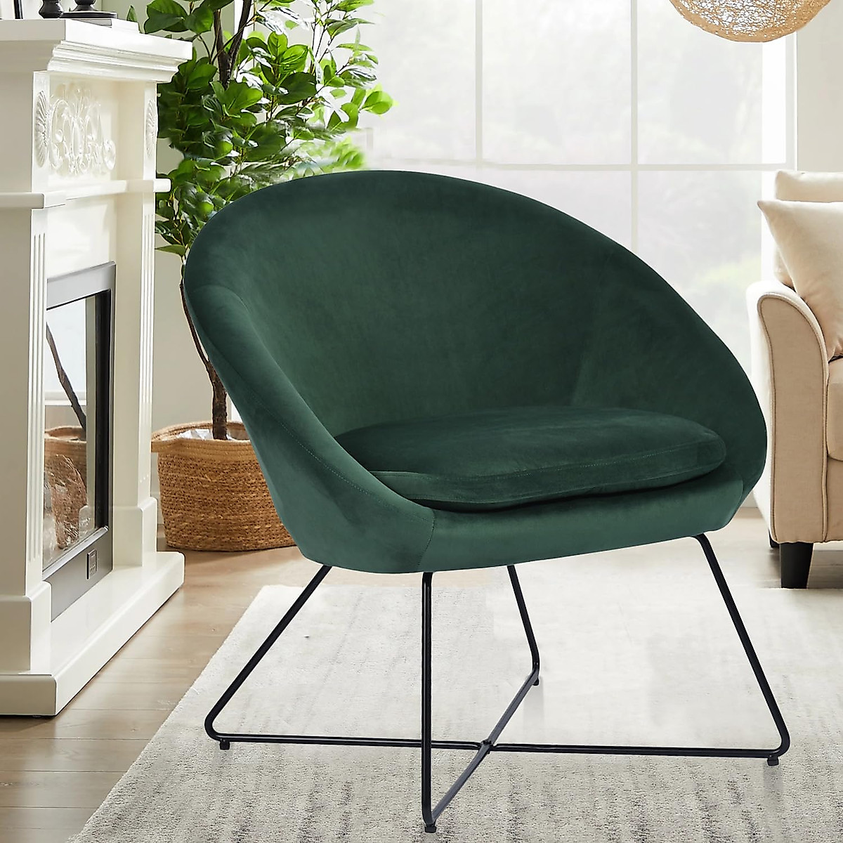 FurniutreR Mid-Century Living Room Velvet Chiar Single Sofa Comfy Upholstered Lounge Arm Leisure Accent Chair, Dark Green