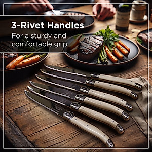 Wrenbury Classics Laguiole Steak Knives Set of 6 Stainless Steel – Dishwasher Safe Sharp Serrated Steak Knife Set, French Design Steak Knives for Dining - Ivory