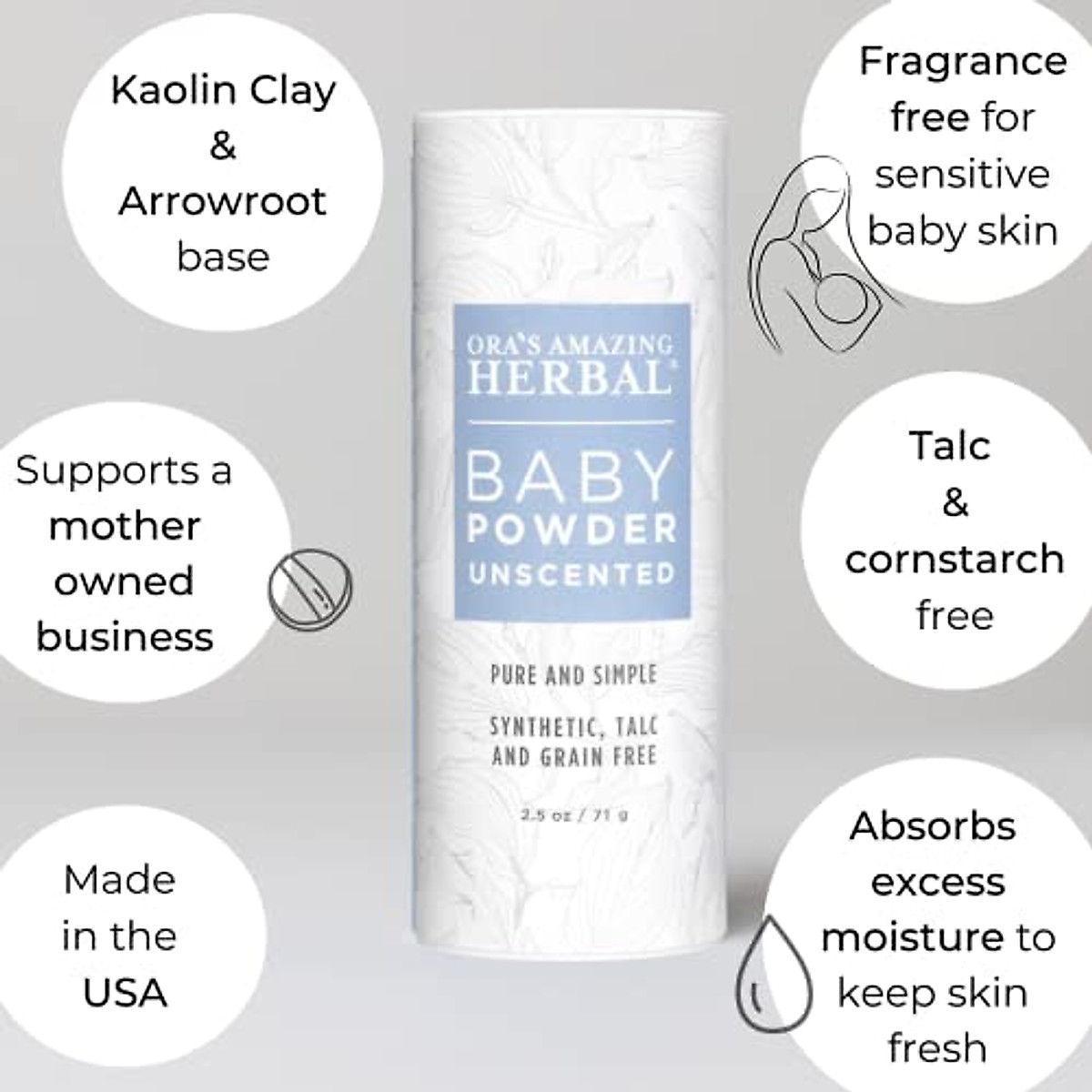 Talc Free Baby Powder, Cornstarch Free Baby Powder, Unscented Fragrance Free Powder, Arrowroot Baby Powder, Talc-Free Baby Powder, Ora’s Amazing Herbal