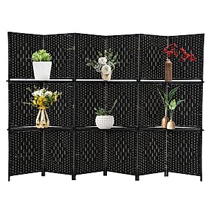 Room divider 6 panel room screen divider wooden screen folding portable partition screen wood with removable storage shelves colour，Black