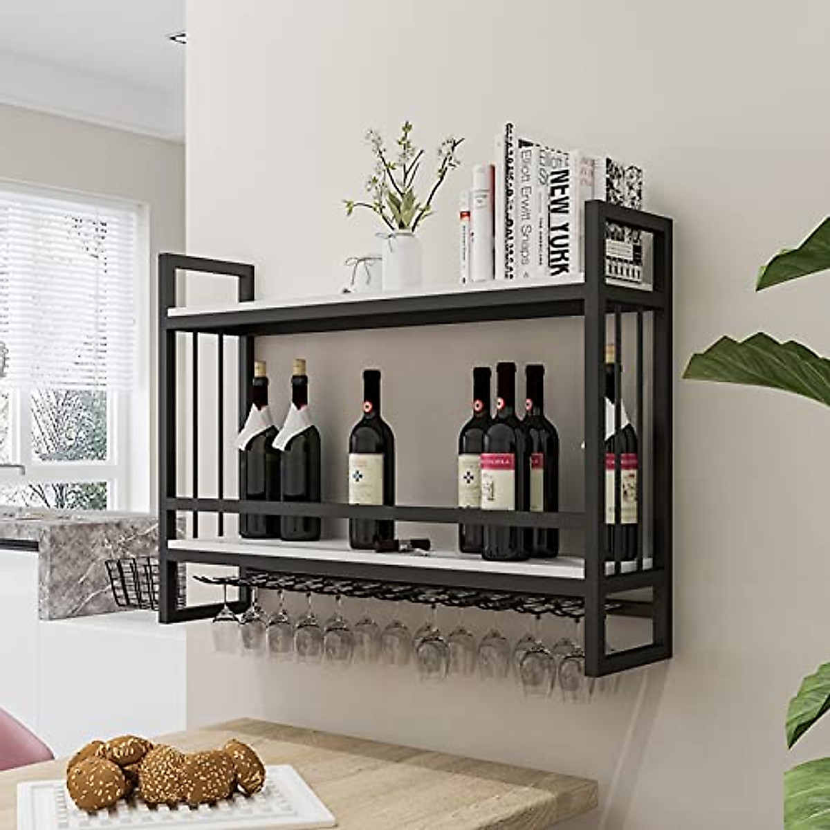Nordic Iron Wine Rack Wall Hanging Racks,Wall Decoration Metal Wine Bottle Storage Shelf ，Creative Hanging Cup Rack Display Rack with White Wooden Board (Size : 60x20x61cm)
