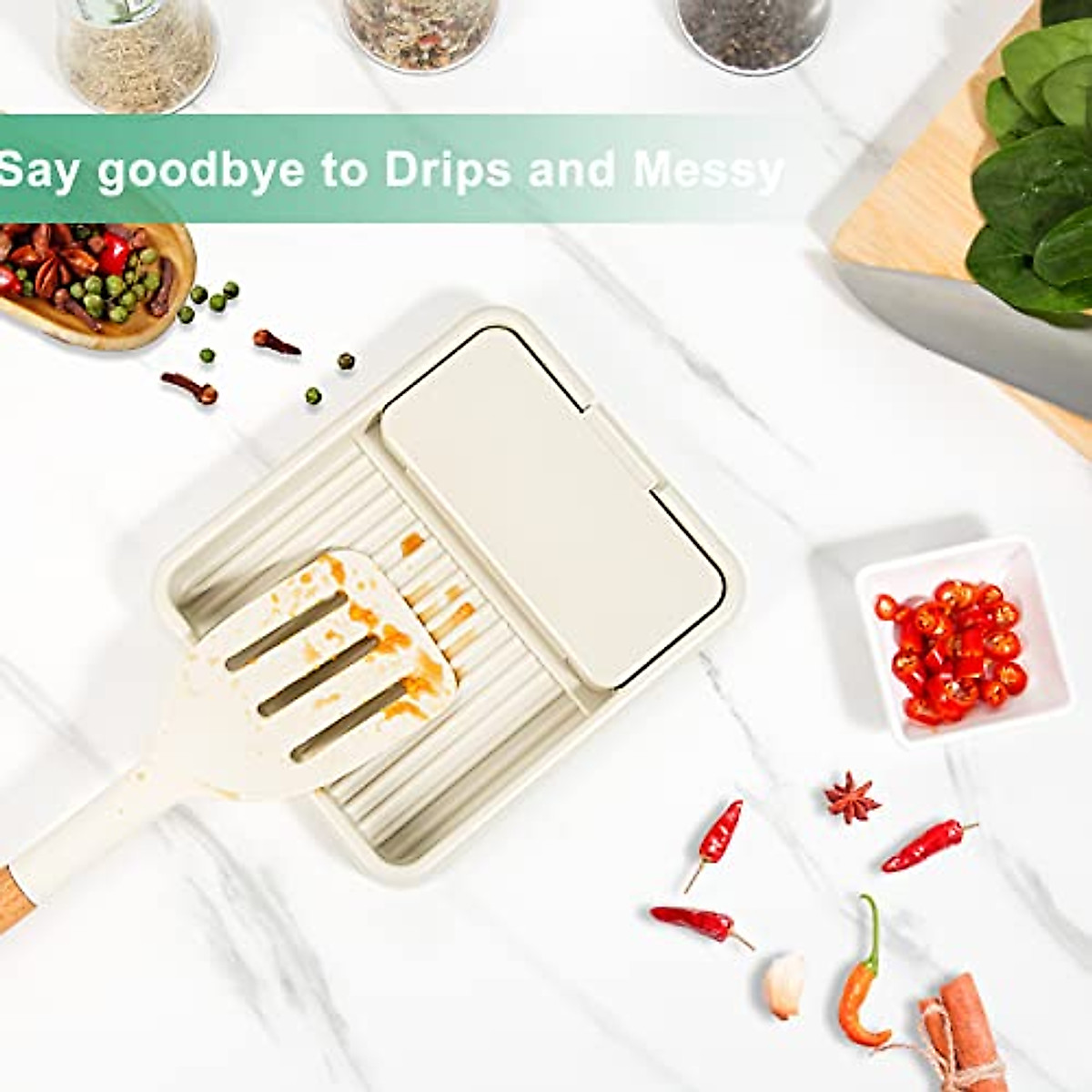 Spoon Rest with Pot Lid Holder For Stove Top, Spoon Holder for Kitchen Counter, Neat & Drip-Free While Cooking or Eating, Perfect for Placing spoons, pot lids, Spatulas, Utensils, Ladle, Tongs, Beige