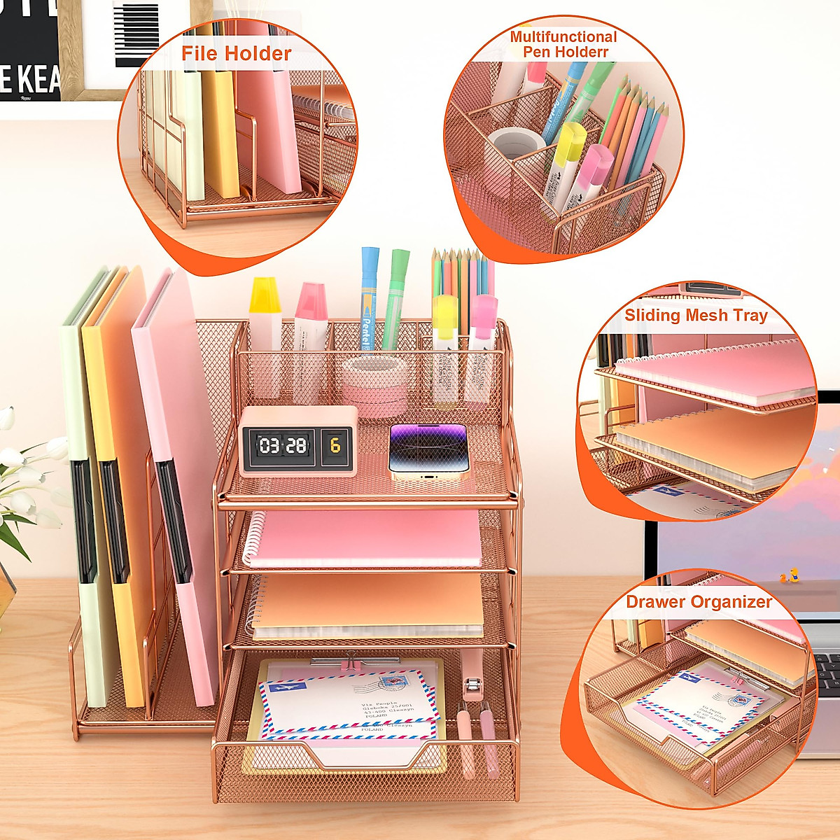 VIVSOL Rose Gold Desk Organizer, Desk Organizers and Office Desk Accessories with Drawer + Vertical File Sorters, Office Supplies for Women, Desk File Organizer Storage for Office, School, Home