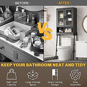 Over The Toilet Storage Cabinet with Tempered Glass Doors & Adjustable Shelf, Bathroom Organizer with Metal Stand Space Saver Over Toilet , Tall Freestanding Shelf/Rack for Bathroom, Black