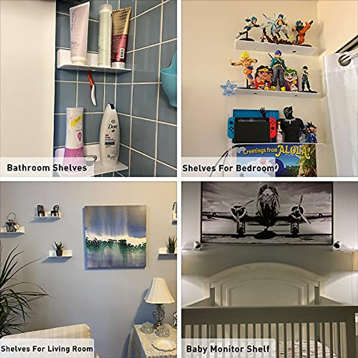 OAPRIRE Small Floating Wall Shelves Set of 4 - Easily Expand Wall Space - 9 Inch Acrylic Wall Shelf for Bedroom, Living Room, Bathroom, Office, Gaming Room with Cable Clips (4, White)