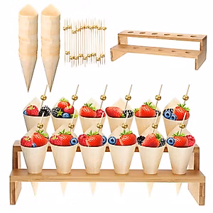 Food Cones 100 Pcs Disposable Wood Cones for Food with 12 Holes Ice Cream Cone Display Stand Charcuterie Cones Holder 100 Fancy Toothpicks for Appetizers Catered Events Buffets Parties (Straight)
