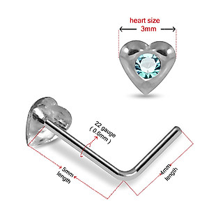 Rainbow Gem Heart 925 Sterling Silver L Shaped Nose Pin - Size 20G(0.8MM) 5mmx5mm