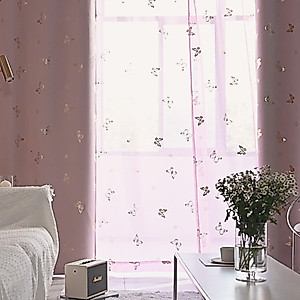 Jubilantex Pink Butterfly Sheer Curtains Gold Print Drapes for Baby Girls Nursery, Kids Bedroom 63 Inch Length Toddler Linen Textured Curtain Rod Pocket Window Treatment Sets, 2 Panels