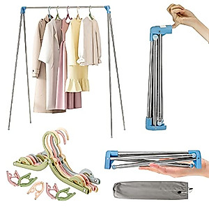 Portable Garment Rack, 15-35 inch Collapsible Clothes Drying Rack, Foldable Mini Drying Clothes Rack for Laundry, Travel, Camping, Hotel, Dance (1 Portable Clothes Rack + 10 Mini Clothes Hangers)