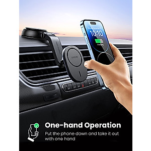 UGREEN Magnetic Wireless Car Charger Mount, Compatible with iPhone 15/14/13/12 Series Car Mount, Built-in 18 N52 Magnets, 11N Strong Magnets, Car Magnetic Phone Mount Charger