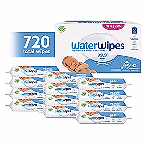 WaterWipes Plastic-Free Original Baby Wipes, 99.9% Water Based Wipes, Unscented & Hypoallergenic for Sensitive Skin, 720 Count (Pack of 12), Packaging May Vary