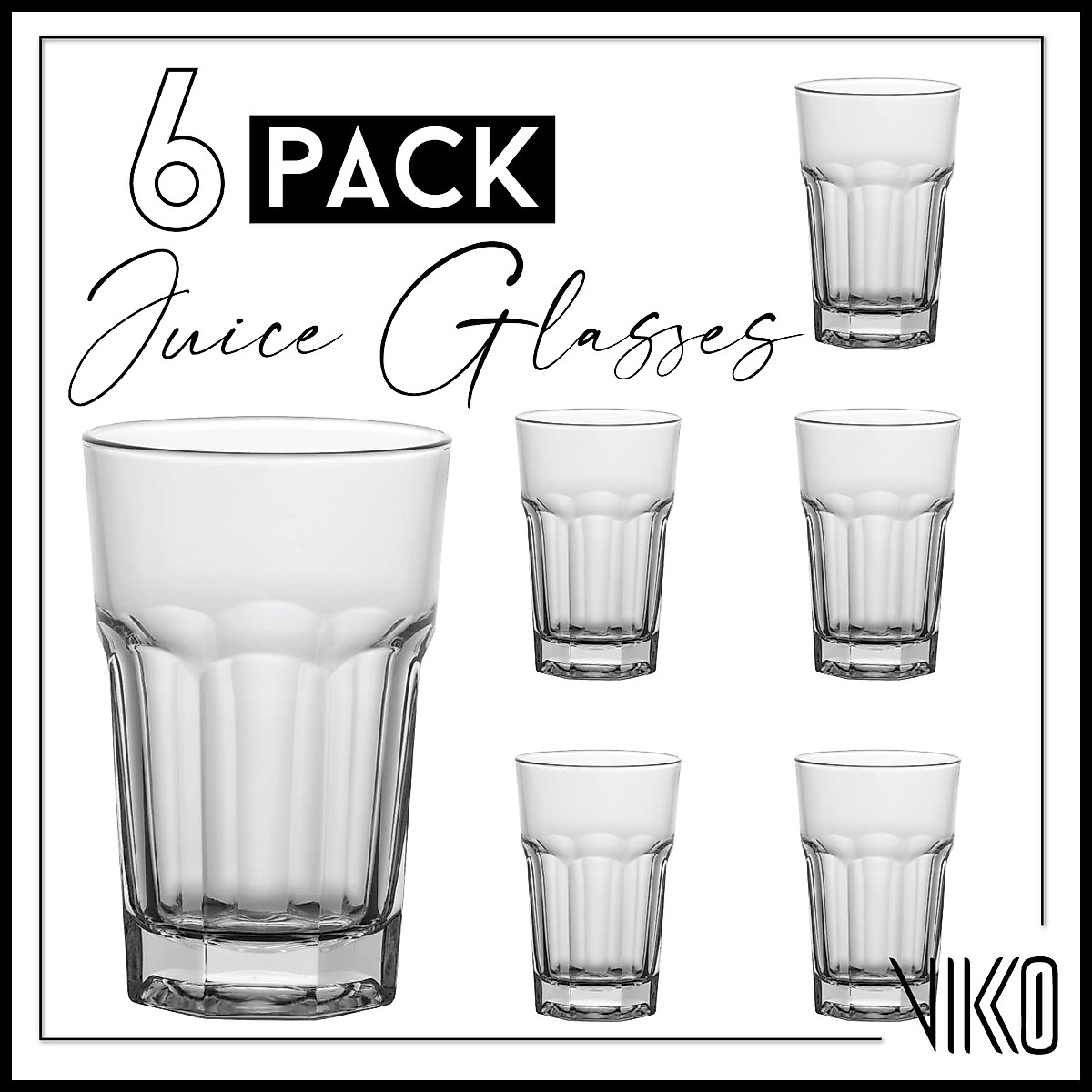 Vikko Drinking Glasses, Set of 6 Juice Glasses 9 Oz, Thick and Sturdy Kitchen Glasses, Dishwasher Safe Highball Glass Tumbler, Heavy Duty Cups, Water Glasses
