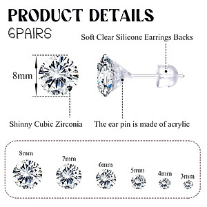 Jstyle 6Pairs Clear Plastic Post Stud Earrings for Women Plastic Earrings for Sensitive Ears Cubic Zirconia Stud Earrings Set 3mm-8mm