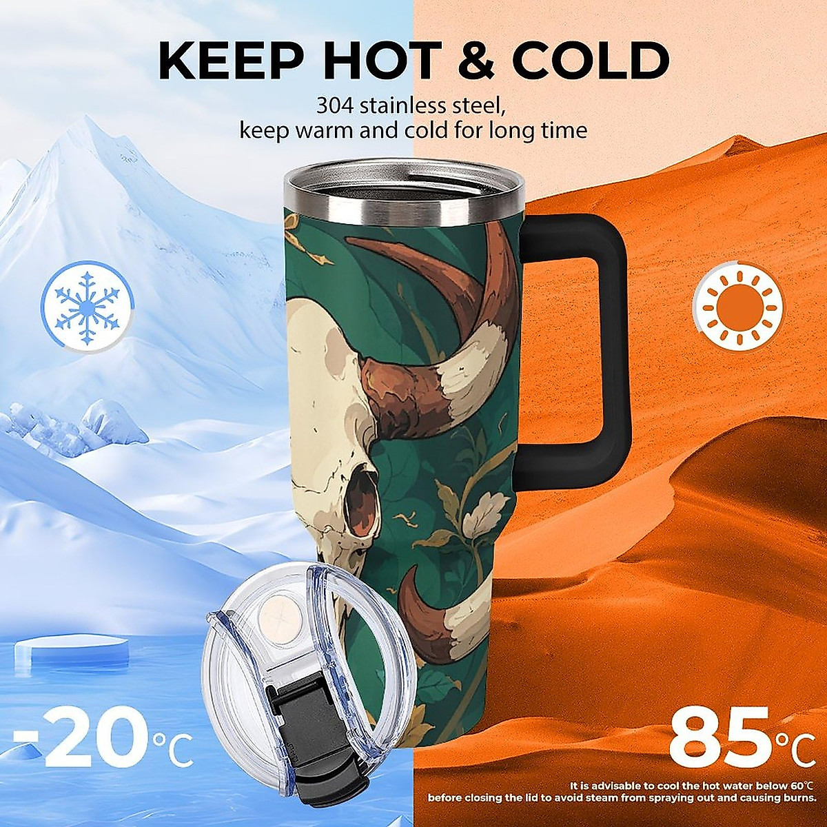 FZQVSGW Bull Skull 40 Oz Tumbler with Handle And Straw Stainless Steel Vacuum Insulated Tumblers Reusable Keep Drinks Cold Coffee Cup Holder Friendly Gifts for Women Men Car Gym Travel