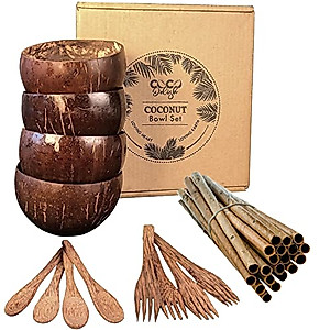 Coconut Bowl with Natural Wooden Spoons (Set of 4), Includes Disposable Drinking Straws - Vegan Organic. Plus BONUS Recipe