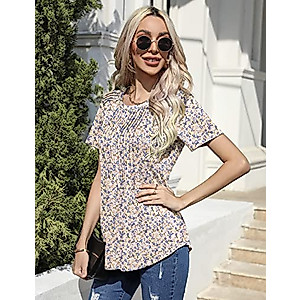 Widmile Womens Tunic Tops Crew Neck Short Sleeve Shirts Fashion Casual Pleated Pullover Blouses to Wear with Leggings Floral Pink,L